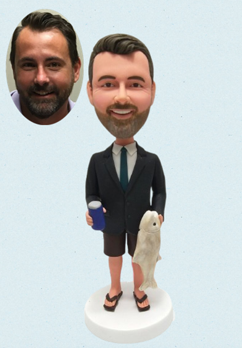 Custom Bobblehead Man in Suit Jacket, Shorts & Flip-Flops Holding Fish ...